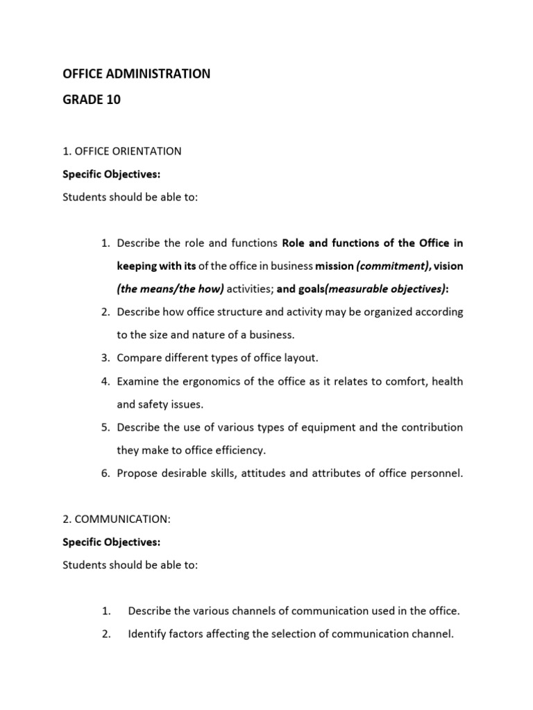 Grade 10 Office Administration Guide | PDF | Communication | Records ...