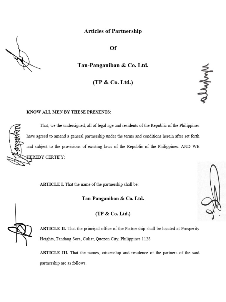 Articles of Partnership for TP & Co. Ltd. | PDF | Partnership | Government