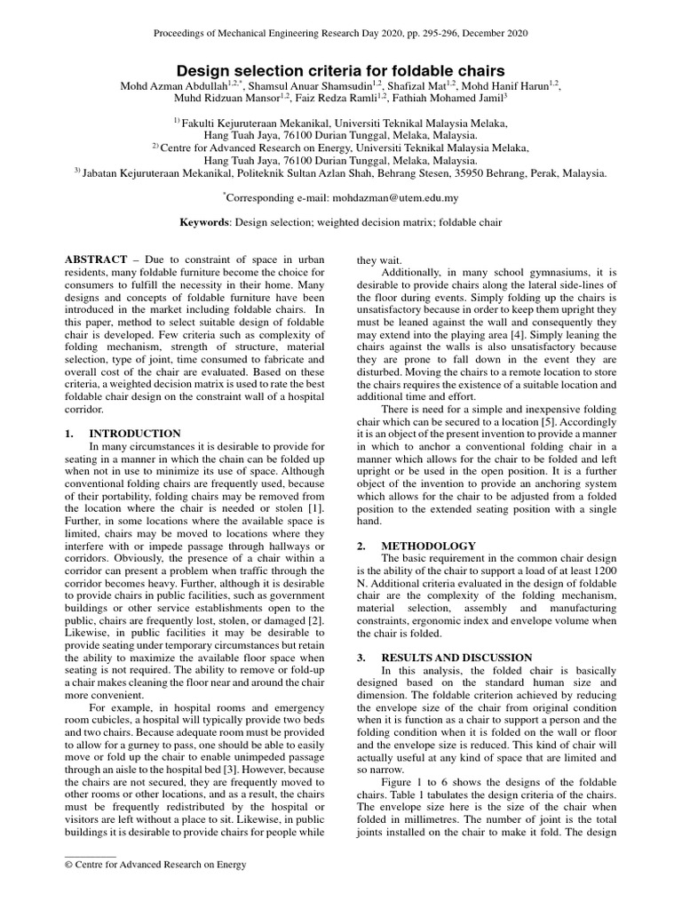 Design Selection Criteria For Foldable Chairs | PDF | Chair