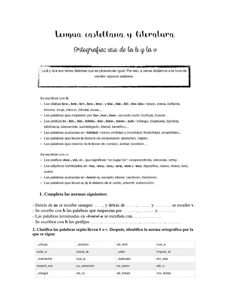 Ejercicios de Ortografía (B-V) | PDF
