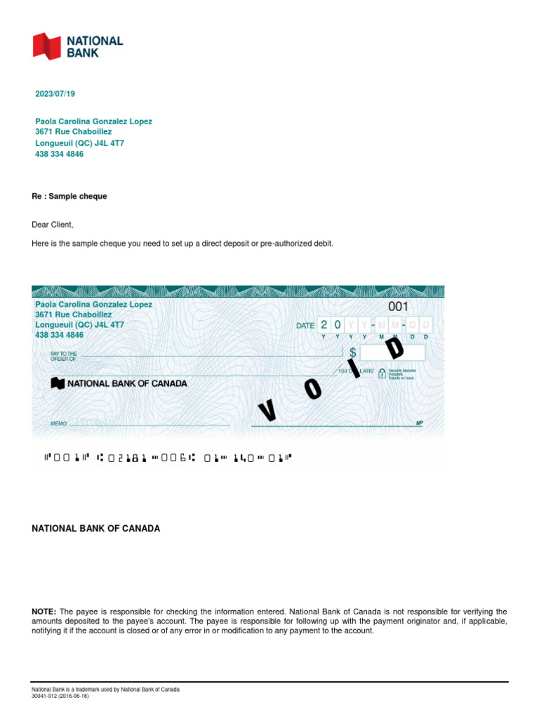 National Bank Sample Cheque Guide | PDF | Finance & Money Management | Law