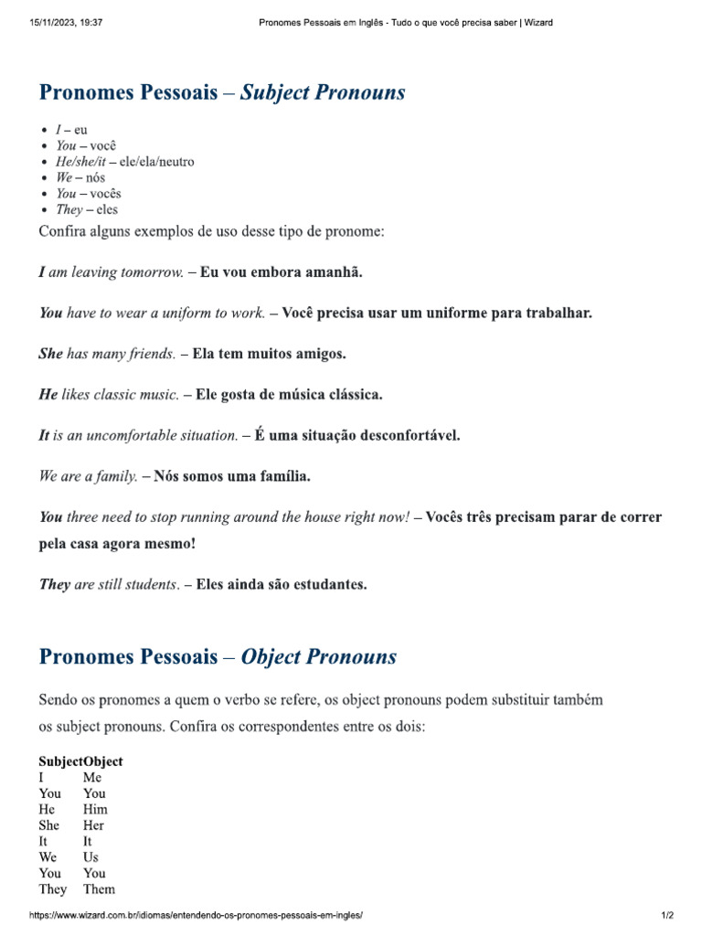 Pronomes Pessoais em Inglês - Tudo o Que Você Precisa Saber - Wizard | PDF