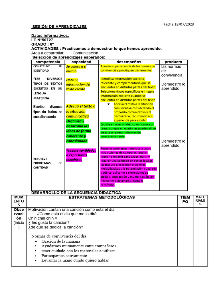 Sesion de Aprendizaje Planificacion de Logro | PDF