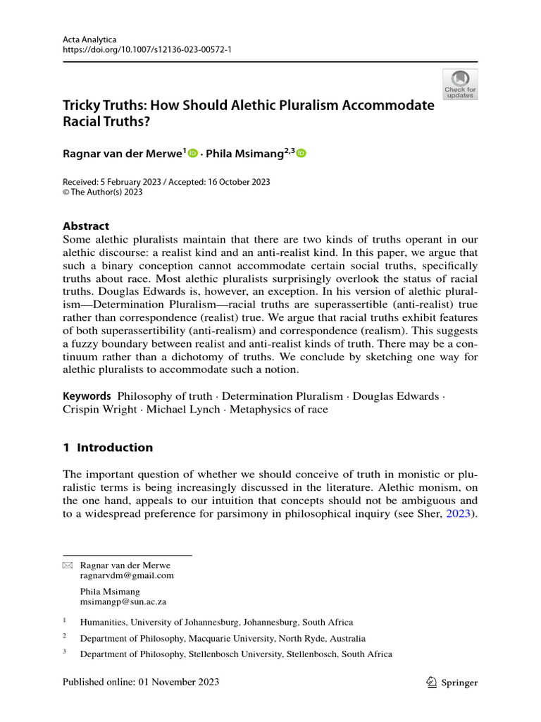 Tricky Truths: How Should Alethic Pluralism Accommodate Racial Truths ...