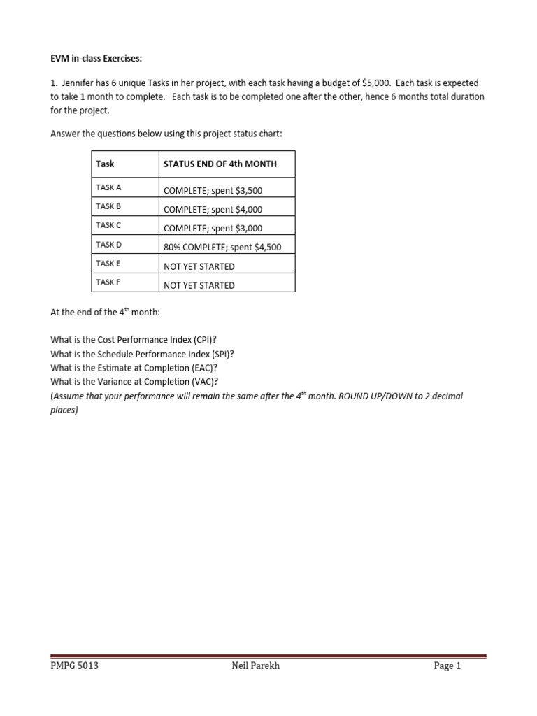 Earned Value In-Class Exercises-EVM2 Questions - Students | PDF