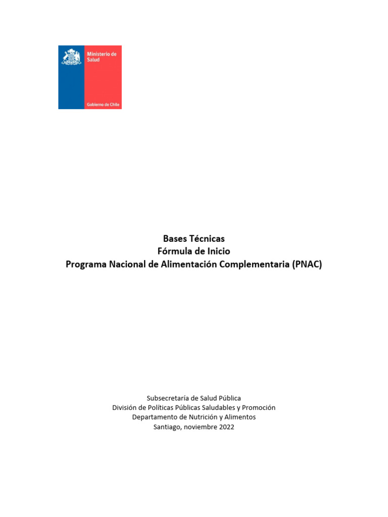 Bases Técnicas Fórmula de Inicio PNAC | PDF | Amamantamiento | Dieta y ...
