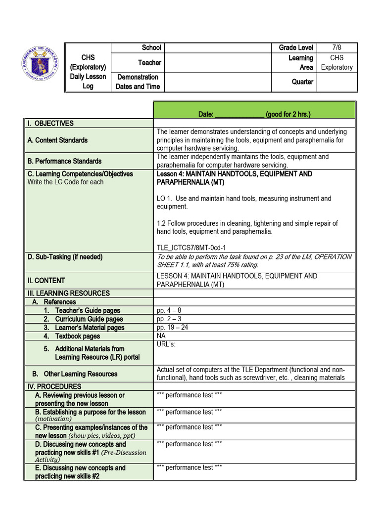 DLL - CHS - G7-8 - 5 - Performance Task | PDF | Learning | Education Theory