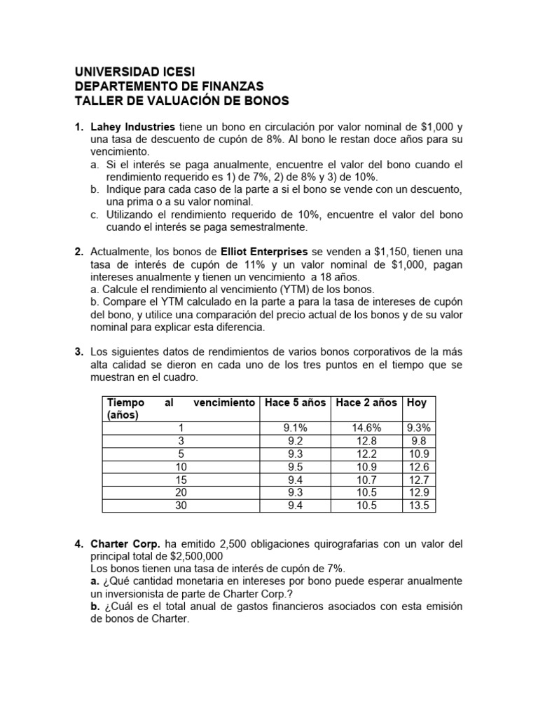 Taller Valuación de Bonos | PDF | Tasas de interés | Bonos (Finanzas)