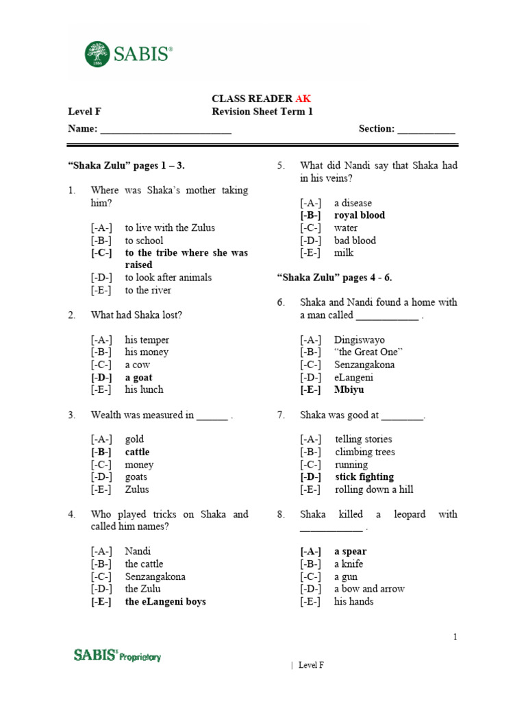 Shaka Zulu: Grade 4 Revision Sheet | PDF | Zulu Kingdom
