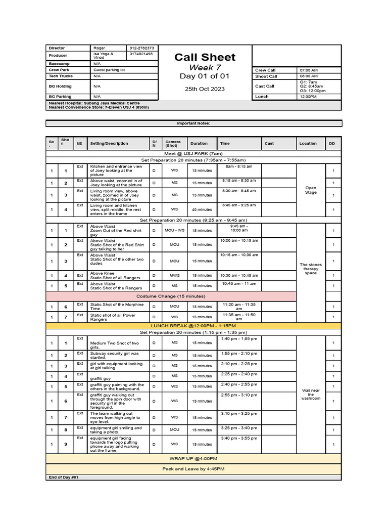 Week 7 Assignment Call Sheet | PDF