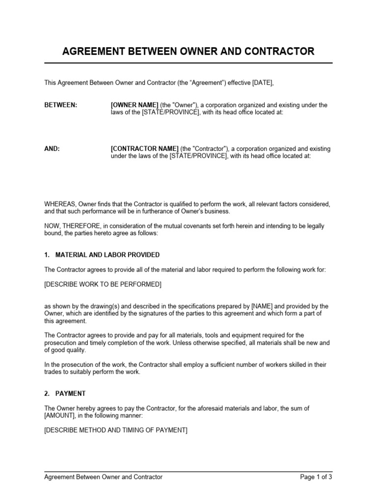 Agreement Between Owner and Contractor | PDF | General Contractor ...