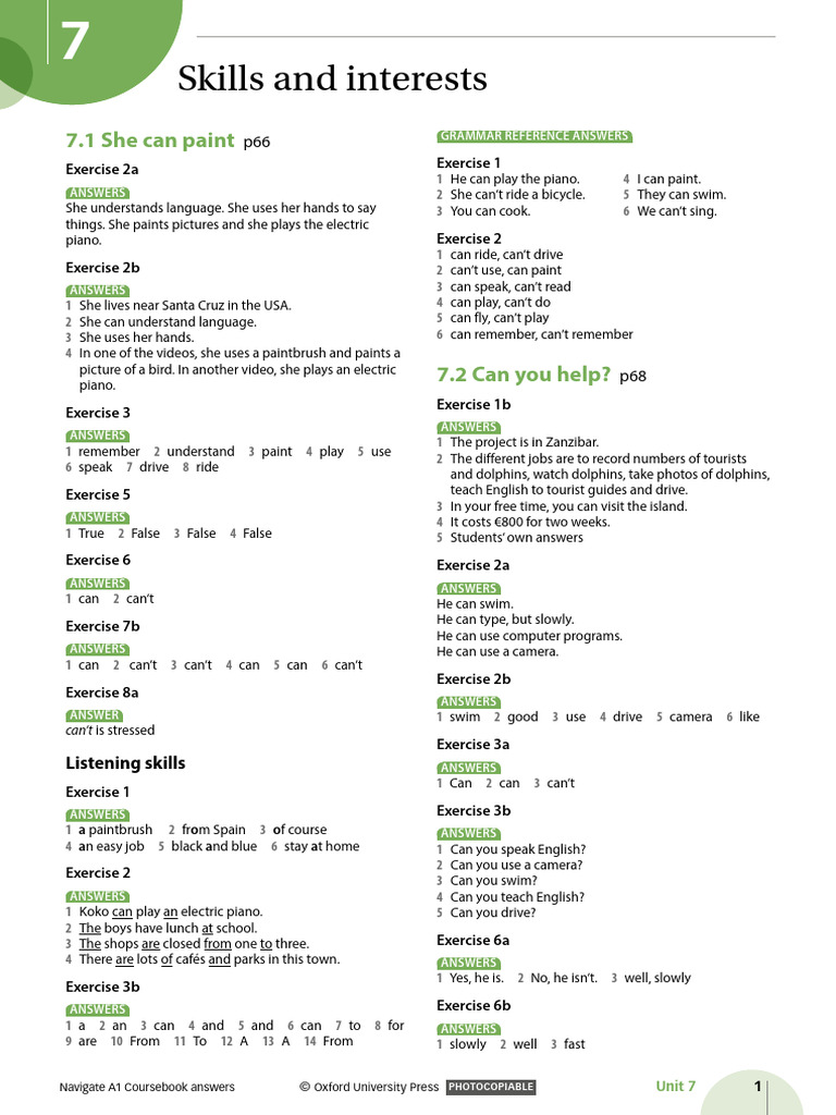 Navigate A1 Coursebook Unit 7 Answer Key | PDF