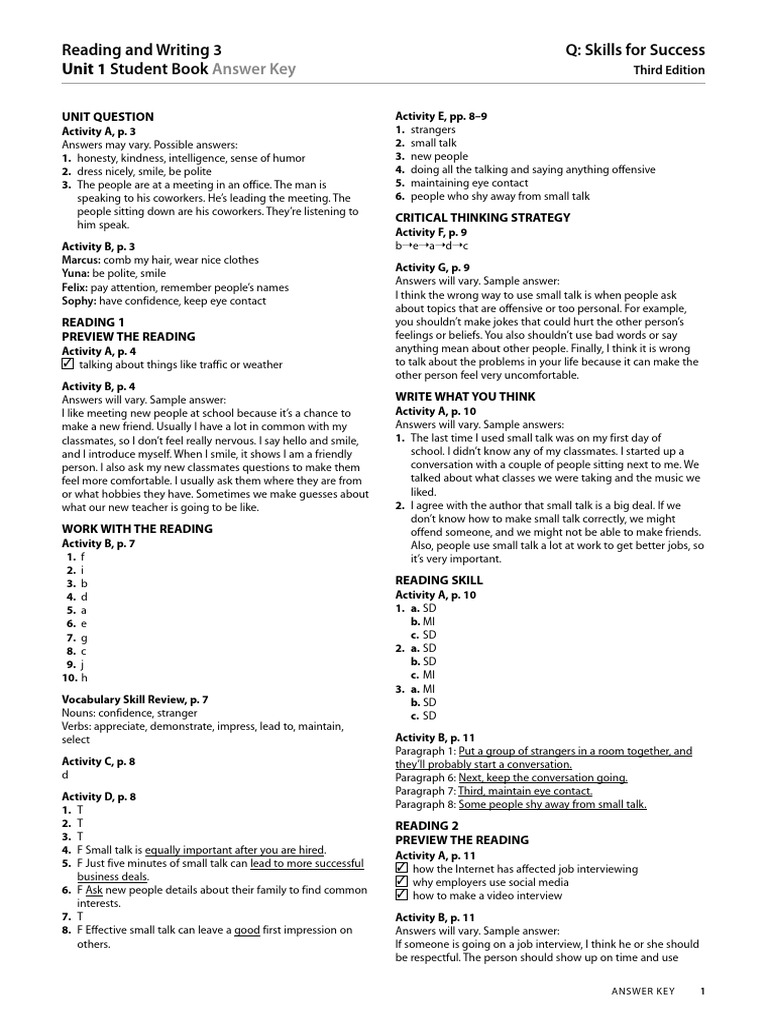 Q3e Rw3 U01 Answerkey Pdf Job Interview Human Communication