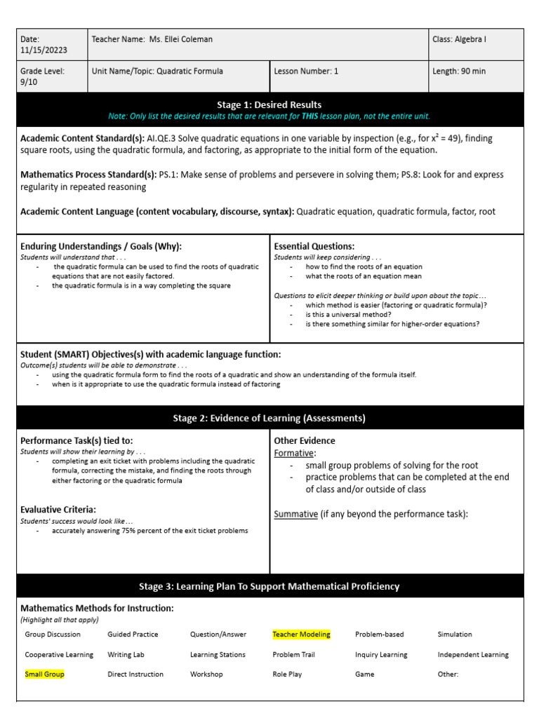 Coleman - Book and Blog Lesson Plan | PDF | Quadratic Equation ...