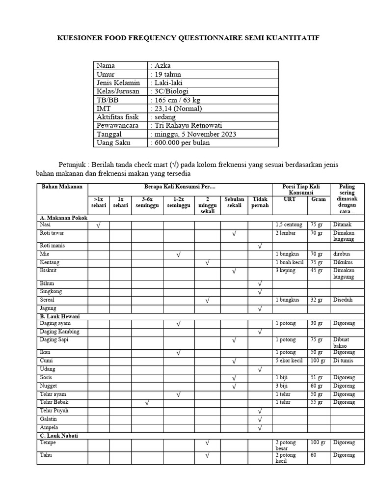 KUESIONER FFQ 3A Gizi | PDF