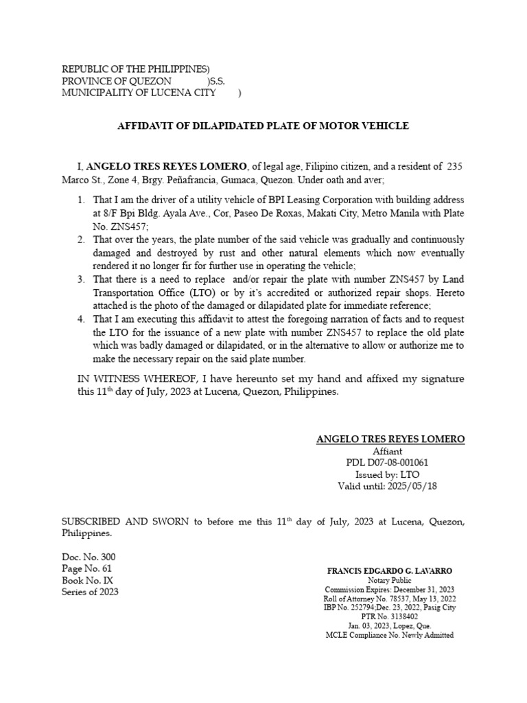 Affidavit of Dilapitated Plate | PDF | Affidavit | Document