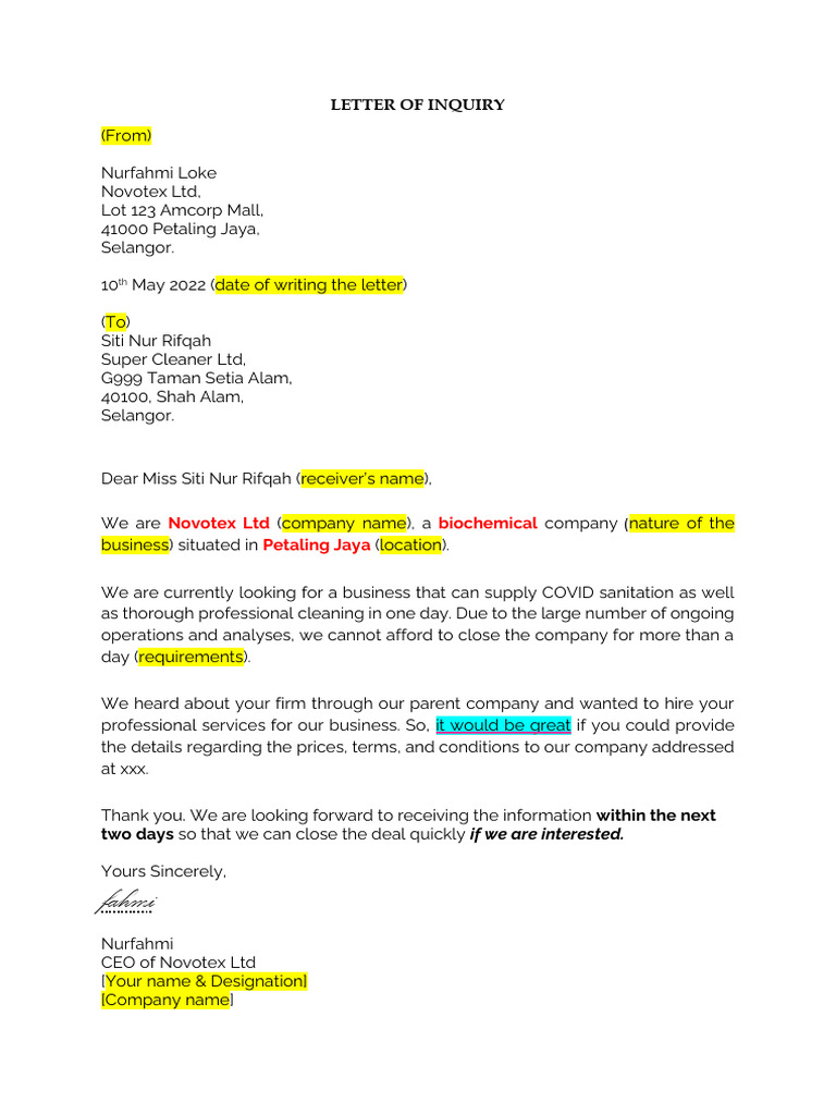 LETTER OF INQUIRY (Sample) | PDF