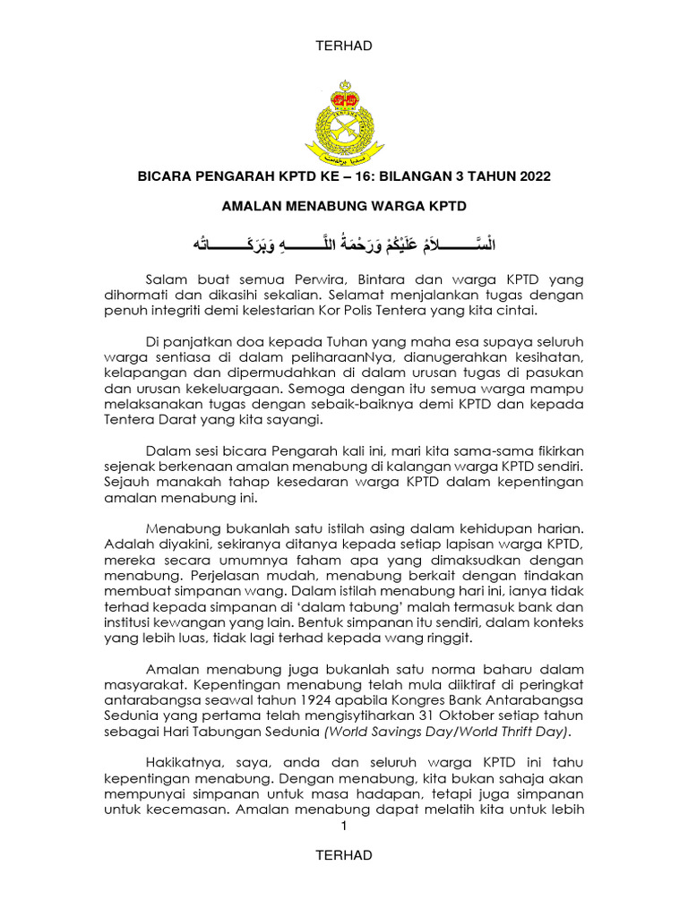 Bicara Pengarah KPTD Bil 3 - Amalan Menabung Warga KPTD | PDF