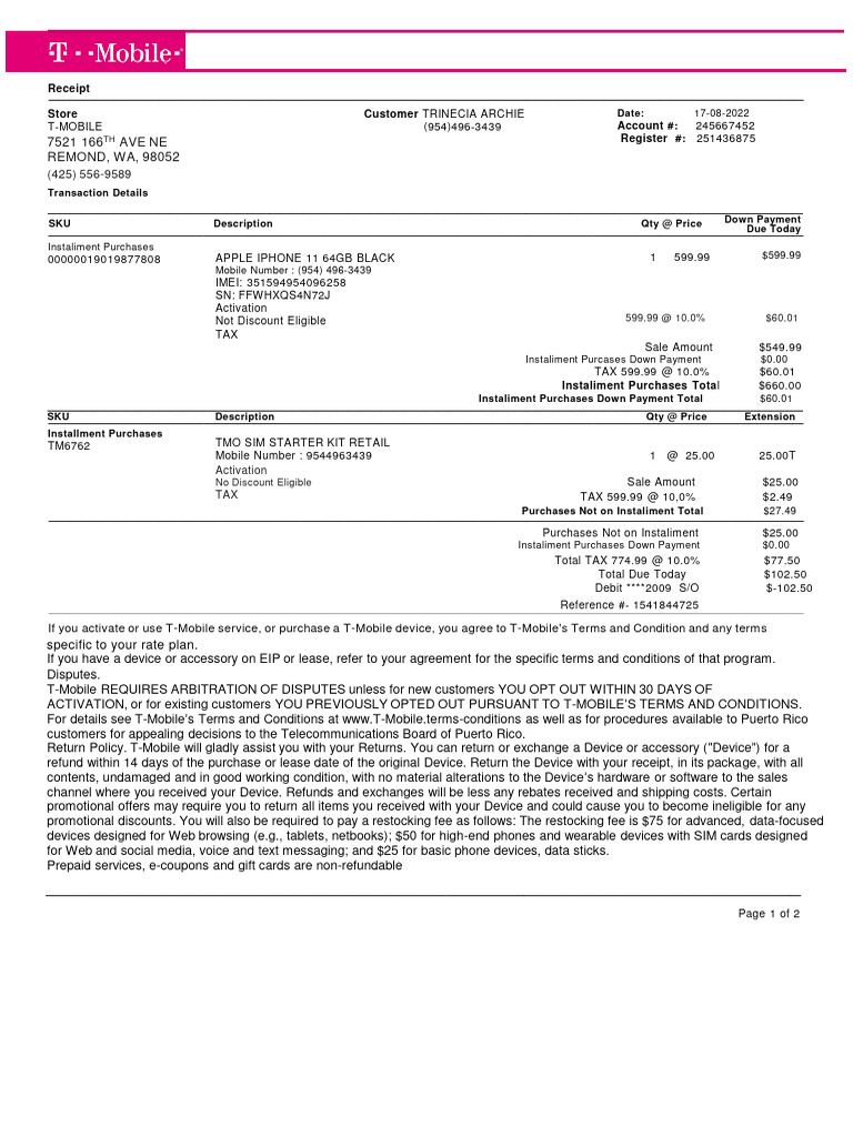 Invoice T-Mobile Ip 11 | PDF | Receipt | T Mobile Us