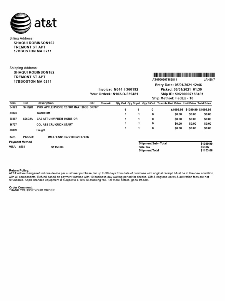 Invoice Att Ip 12 Pro Max | PDF | Receipt | Service Industries