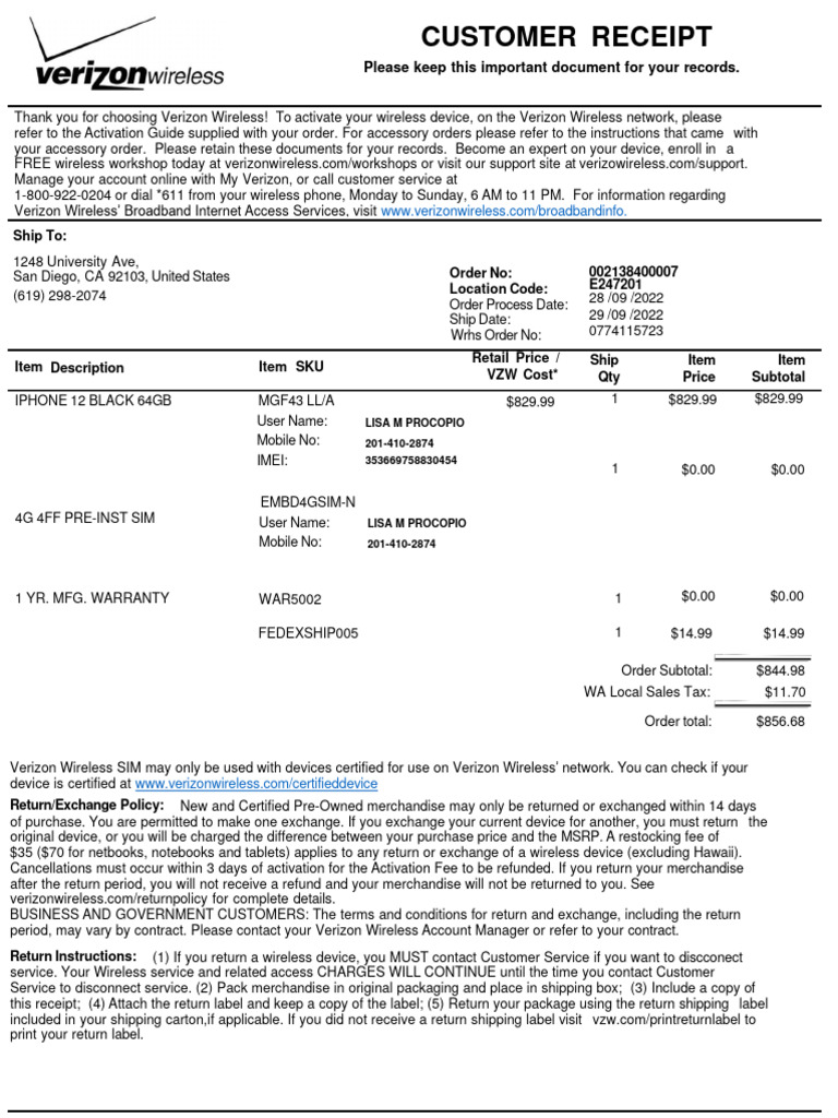 Invoice Verizon Ip 12 | PDF | Mobile Phones | Information And ...