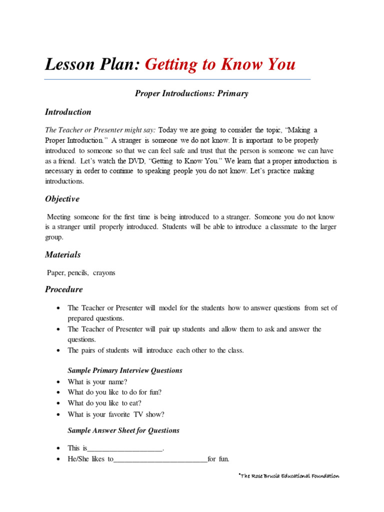Getting To Know You Lesson Plan | PDF | Lesson Plan | Human Communication