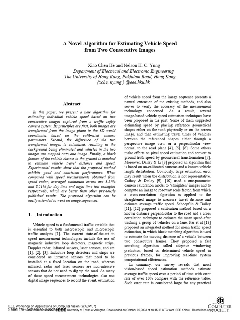 A Novel Algorithm For Estimating Vehicle Speed From Two Consecutive ...