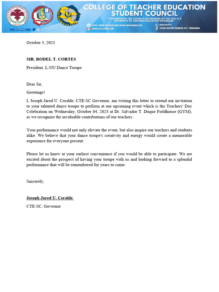 Letter For Dance Troupe | PDF | Art
