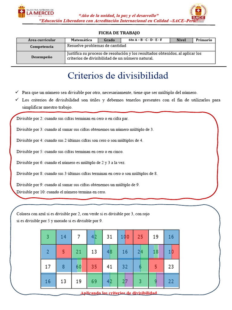 Hoja De Trabajo Práctica De Reglas De Divisibilidad Ficha Criterio De
