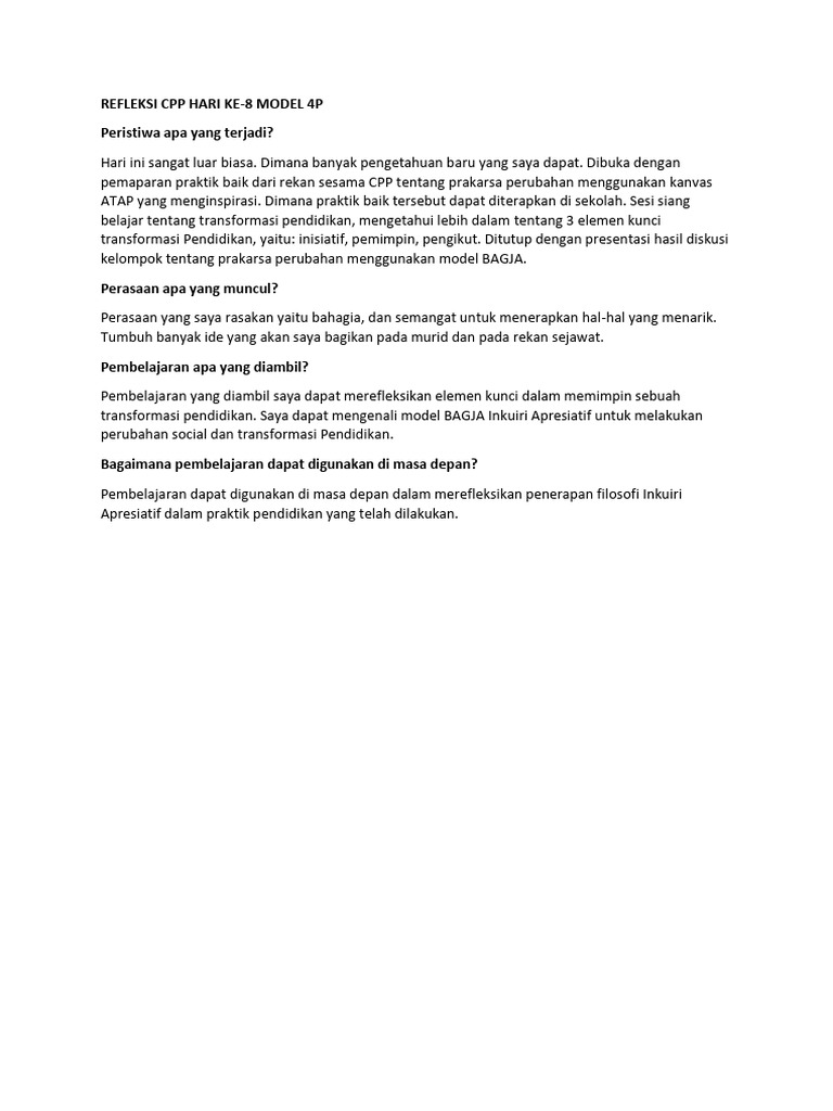 Refleksi CPP Hari Ke-8 Model 4P | PDF