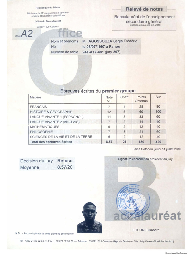 Relevé de notes Baccalauréat 2016 | PDF