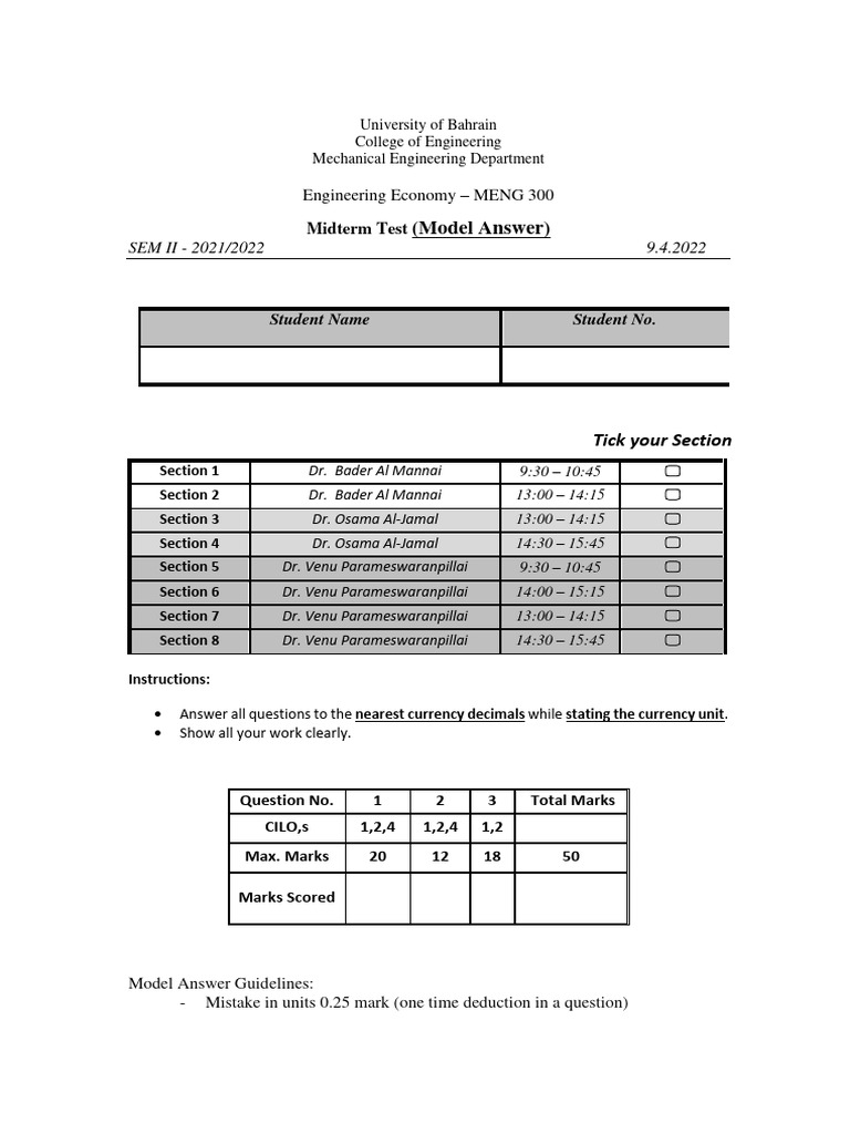 MENG 300 Midterm Sem II Model Answer | PDF | Business | Money