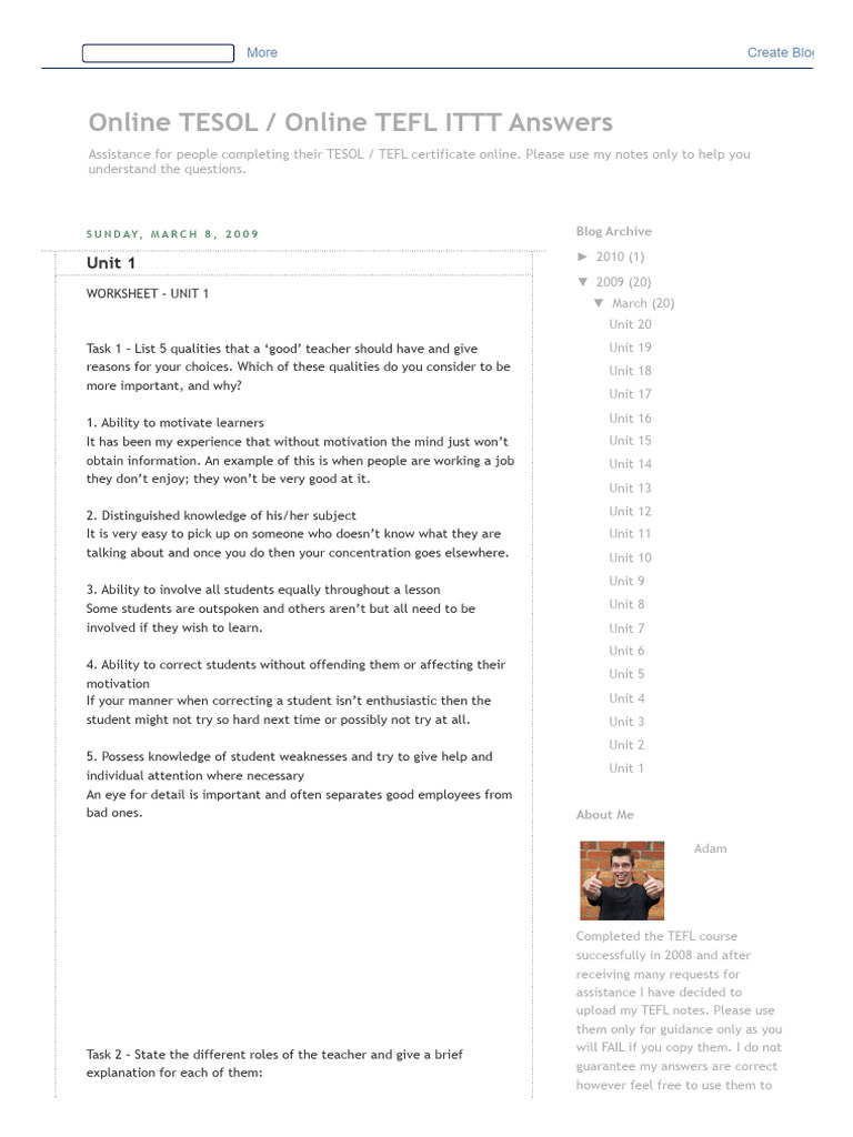 TEFL Unit 1: Teacher Qualities and Roles | PDF | Learning | English As ...