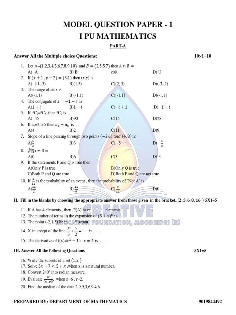 1 Pu Maths MODEL QP - 1 | PDF | Mathematics | Mathematical Concepts