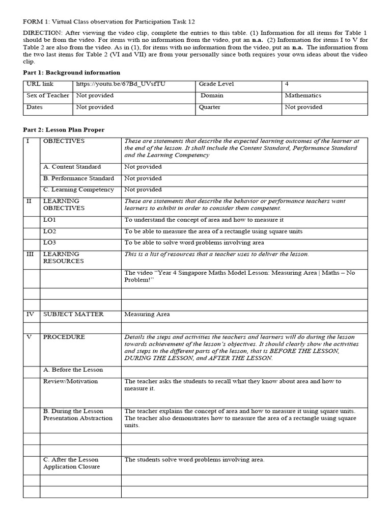 Virtual Class Observation: Math Area Lesson | PDF | Lesson Plan | Teachers