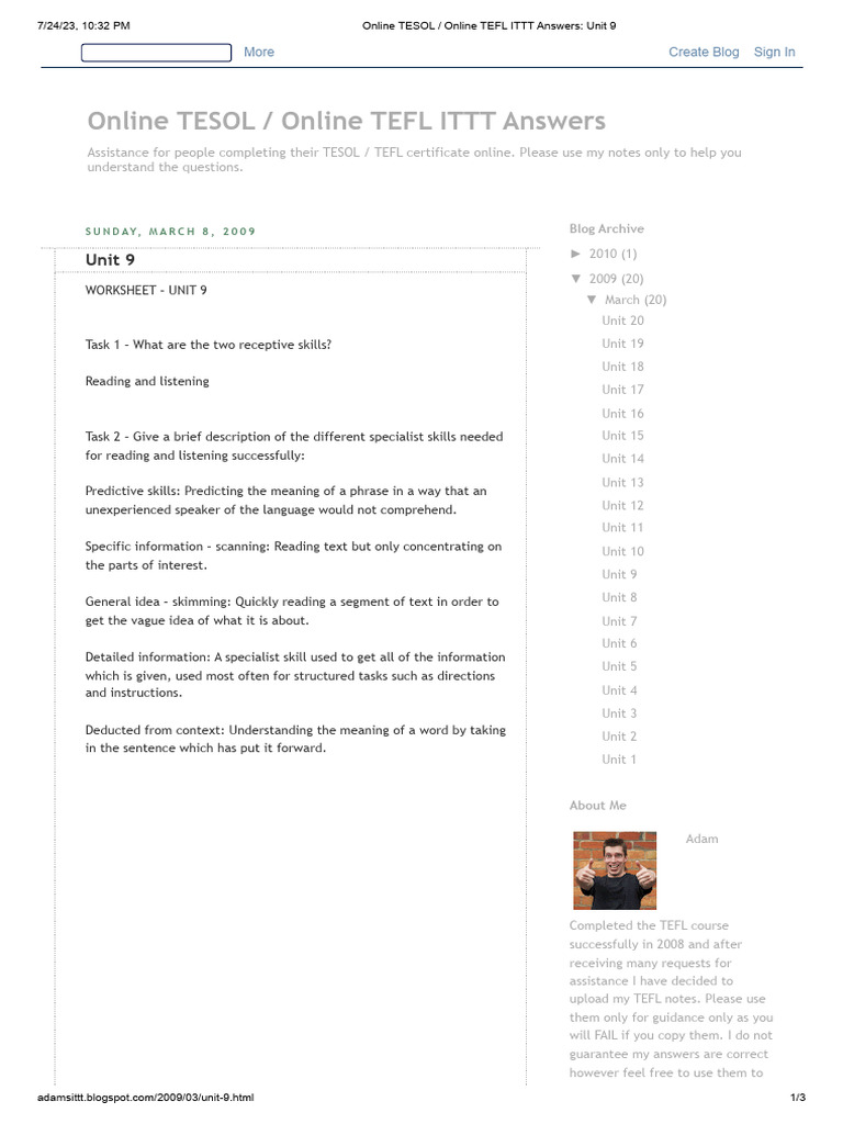 TESOL/TEFL Unit 9 Receptive Skills Guide | PDF | Lesson Plan | Teachers