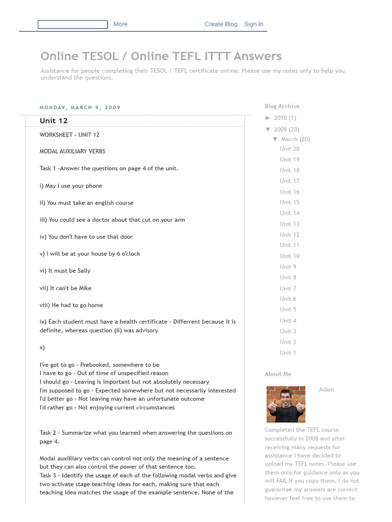 Online TESOL - Online TEFL ITTT Answers - Unit 12 | PDF | Grammatical ...