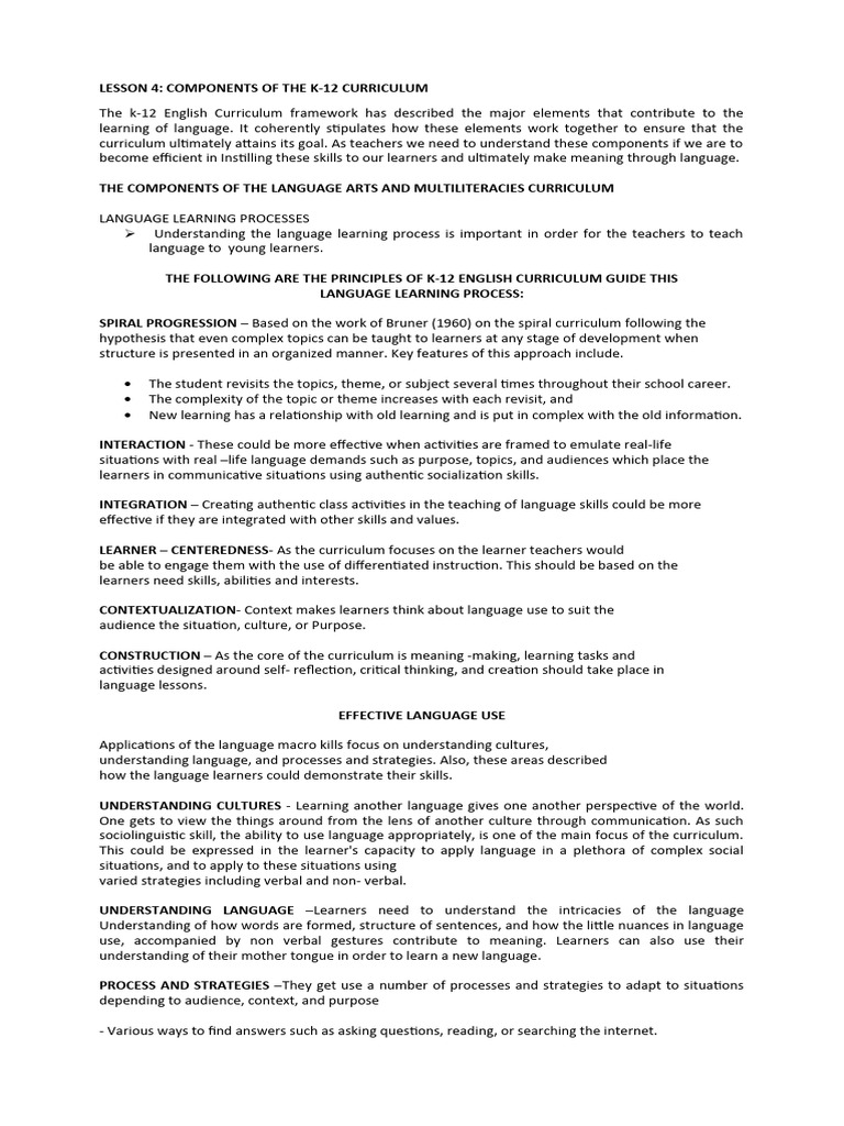 Lesson 4 Components of The K-12 Curriculum | PDF | Learning | Curriculum