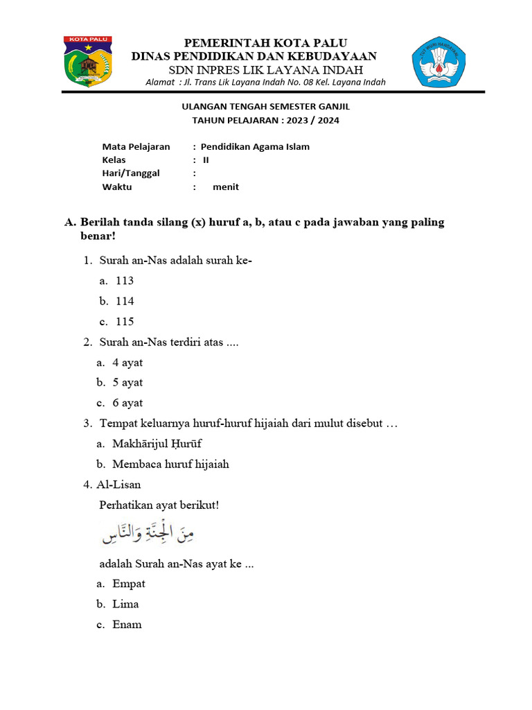 Soal PTS PAI KLS 2 | PDF | Agama & Spiritualitas