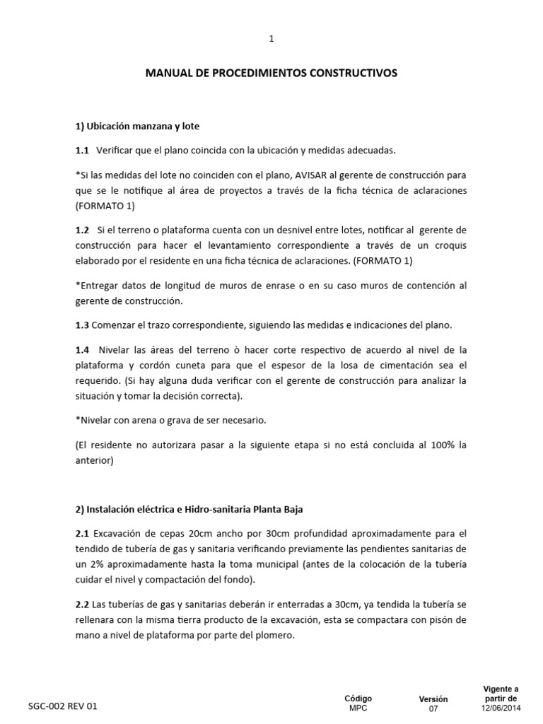 Manual de Procedimientos Constructivos | PDF | Hormigón | Fundación (Ingeniería)