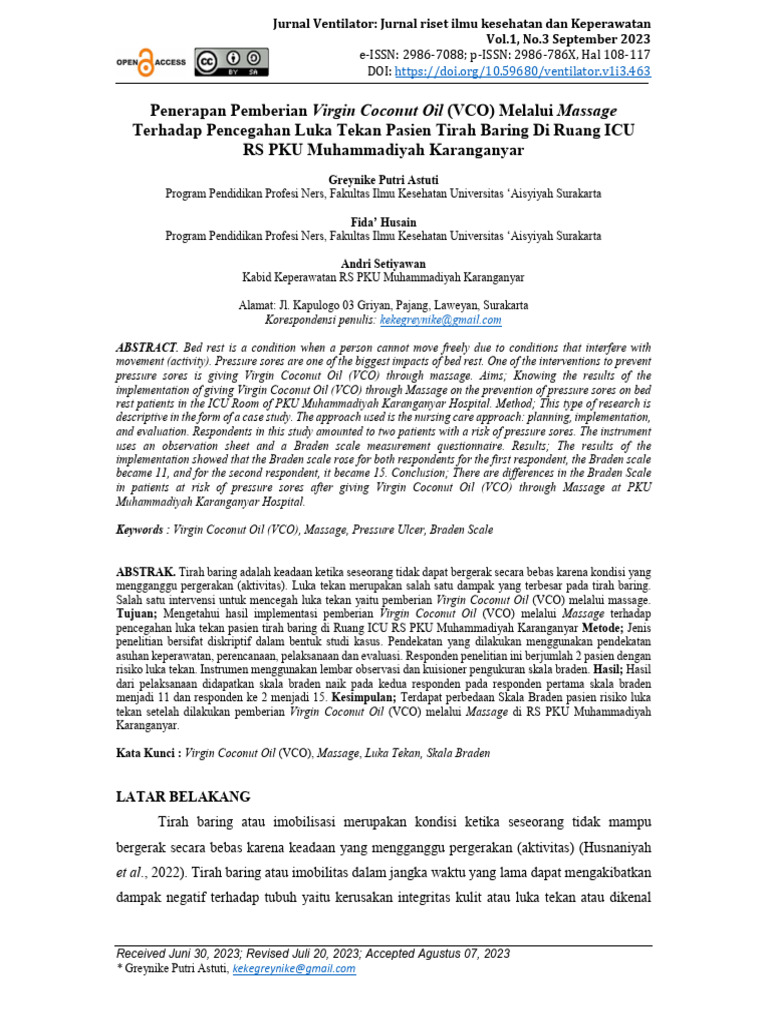Penerapan Pemberian Virgin Coconut Oil (VCO) Melalui Massage Terhadap Pencegahan Luka Tekan ...