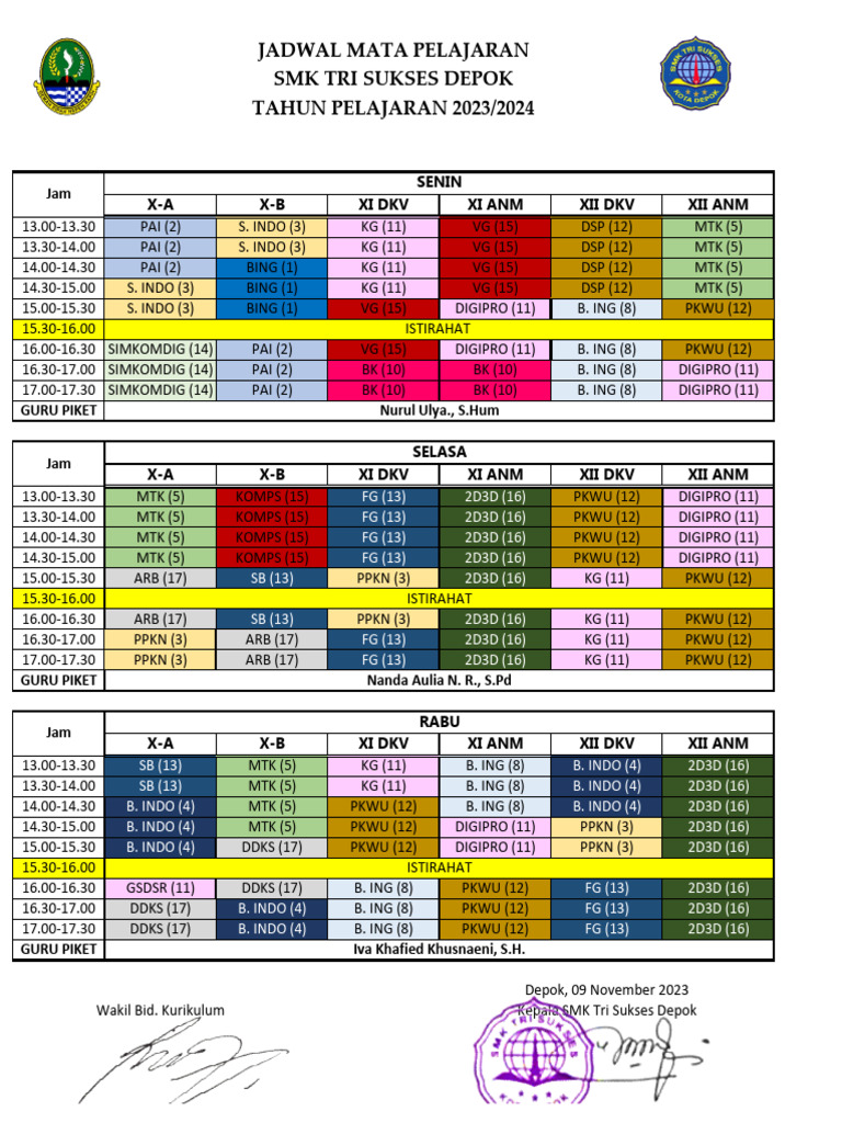 JADWAL MAPEL SMK TS DEPOK 2324 Rev1 09 Nov | PDF