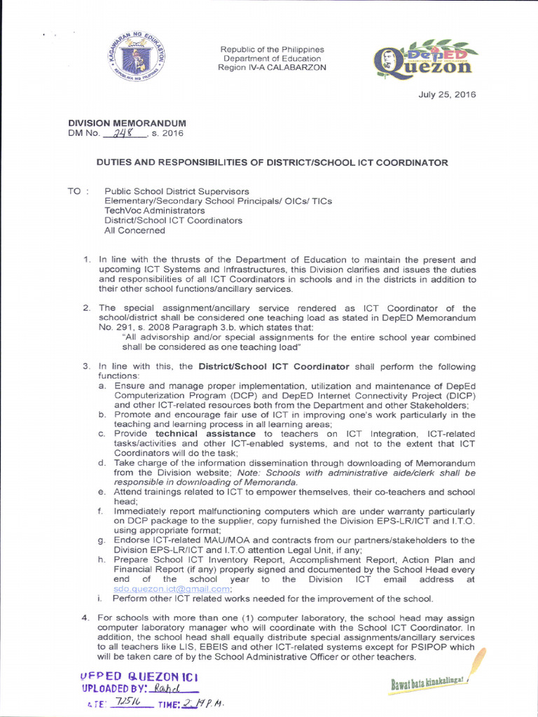 dm248-16 Memo On ICT Coor, Teacher's Load, Leave Credits | PDF