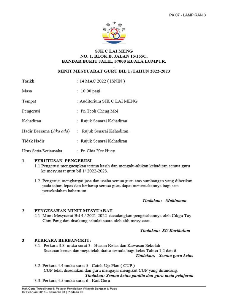 4.MINIT MESYUARAT GURU 1 2022 Sdad | PDF