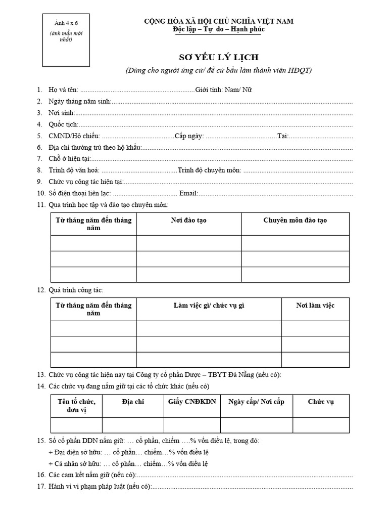 Mau So Yeu Ly Lich Thanh Vien HDQT | PDF