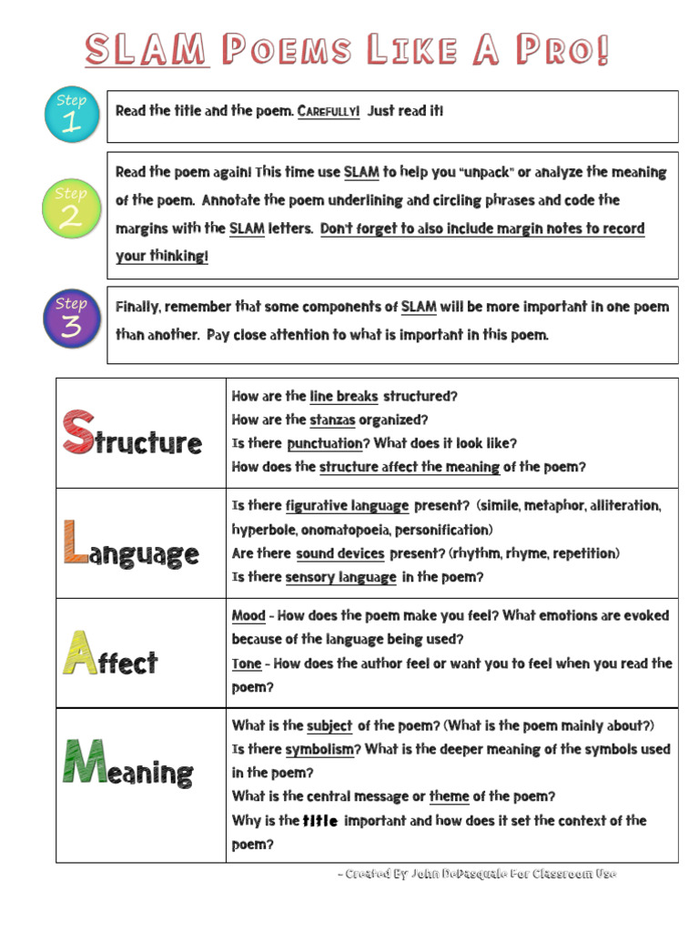 JD Poetry 2 SLAM Worksheet | PDF | Language Arts & Discipline | Poetry