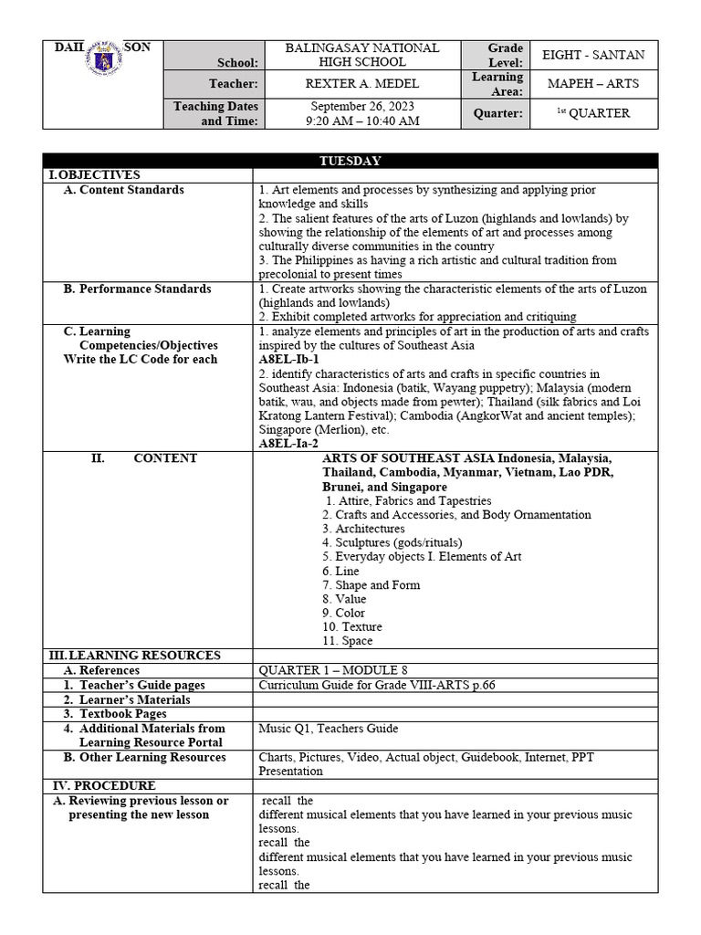 DLP Arts 8 Santan q1 Wk1 Day1 | PDF | Learning | Southeast Asia