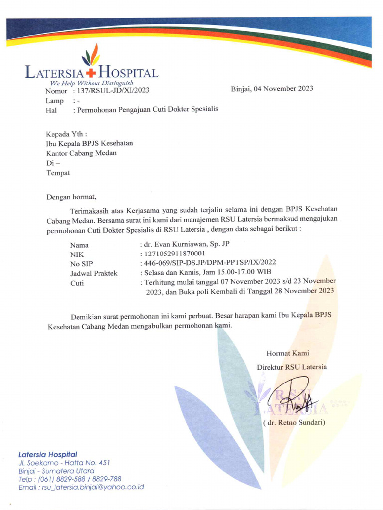 Surat Permohonan Cuti Dokter Spesialis RSU Latersia | PDF