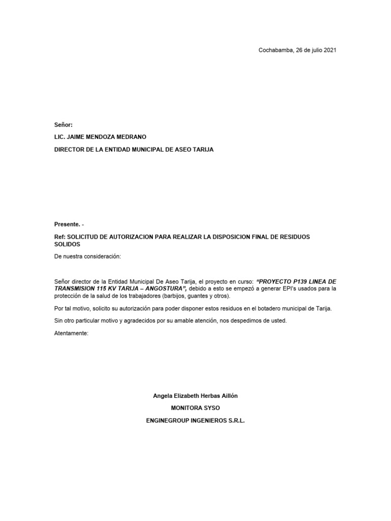 Carta de solicitud - Residuos | PDF