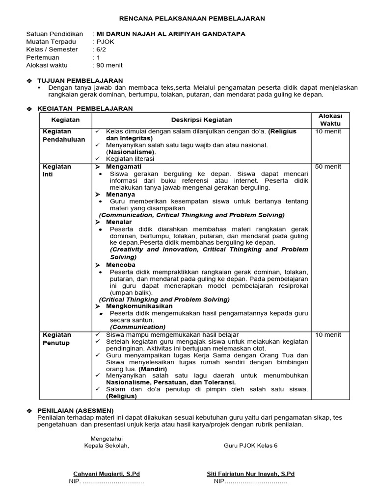 RPP 1 Lembar PJOK Kelas 6 SEM 2 | PDF